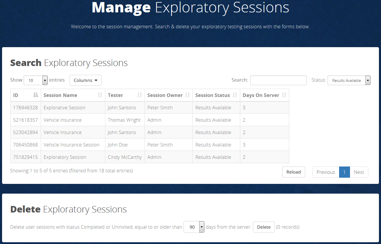 Manage sessions with the Exploratory Testing Agent