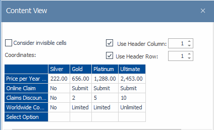 Define table headers
